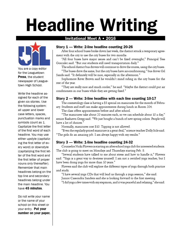 Headline Writing Practice Test | PDF | Adjective | Verb
