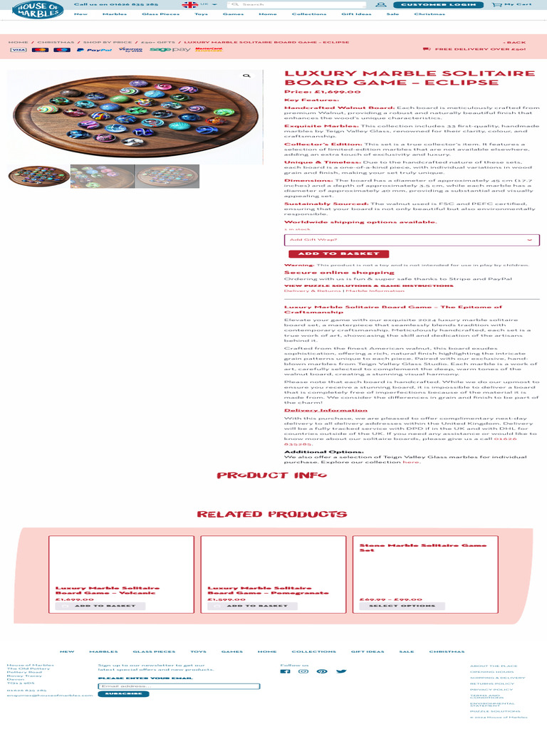 Luxury Marble Solitaire Board Game - Eclipse - House of Marbles | PDF | Christmas | Glass Art