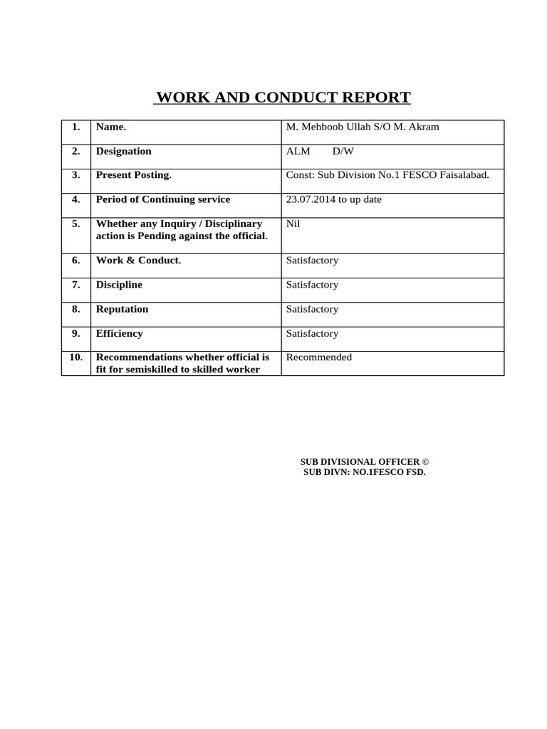 Work and Conduct Report for M. Mehboob Ullah | PDF