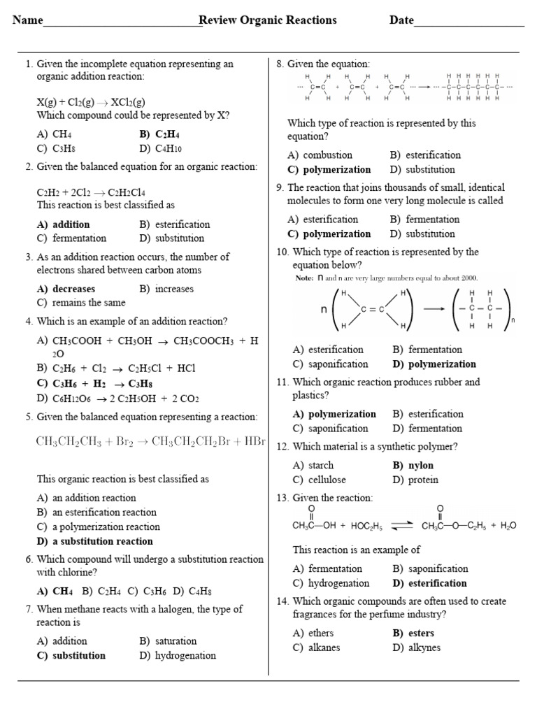 Answer Key Organic Reactions Review | PDF | Ester | Chemical Reactions