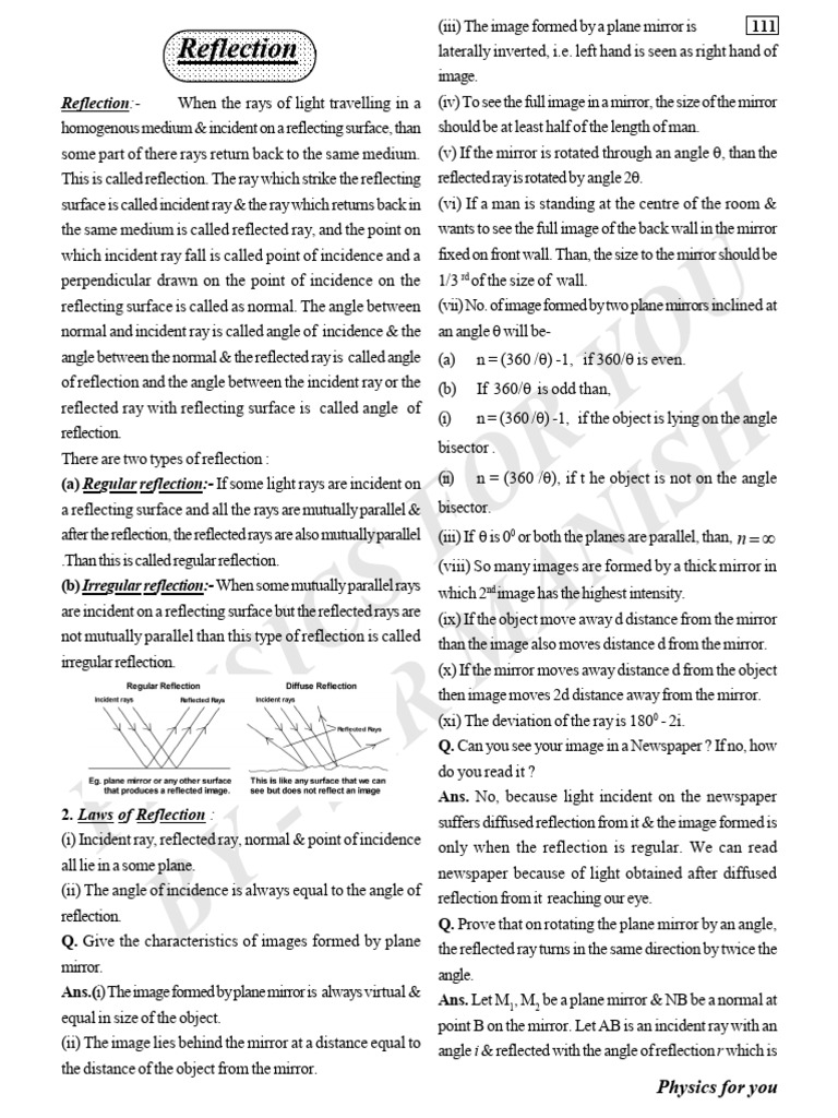 12 G 2 (reflaction and refraction through plane surface ) | PDF | Refraction | Mirror