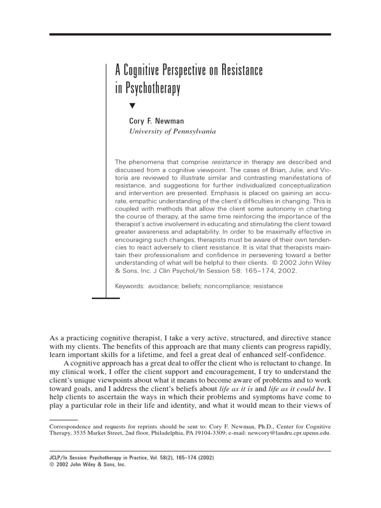 A Cognitive Perspective On Resistance in | PDF | Psychotherapy ...