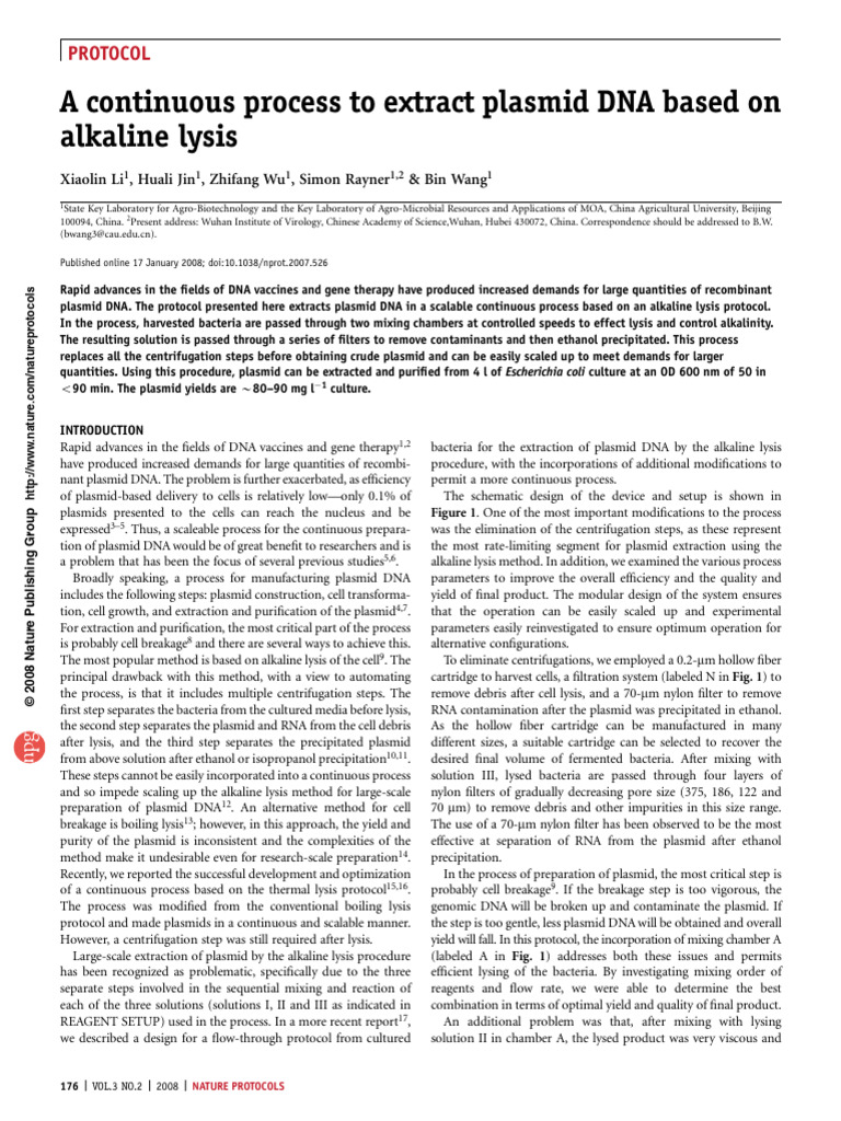 A Continuous Process To Extract Plasmid DNA Based On Alkaline Lysis ...