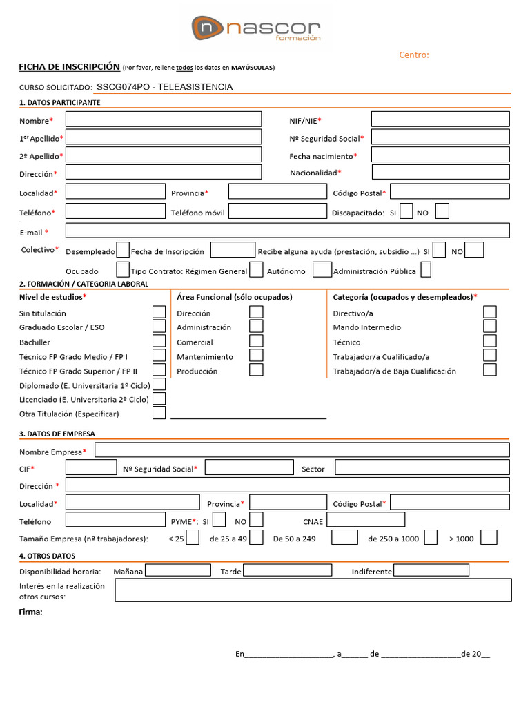 Ficha de Inscripción para Cursos Nascor | PDF
