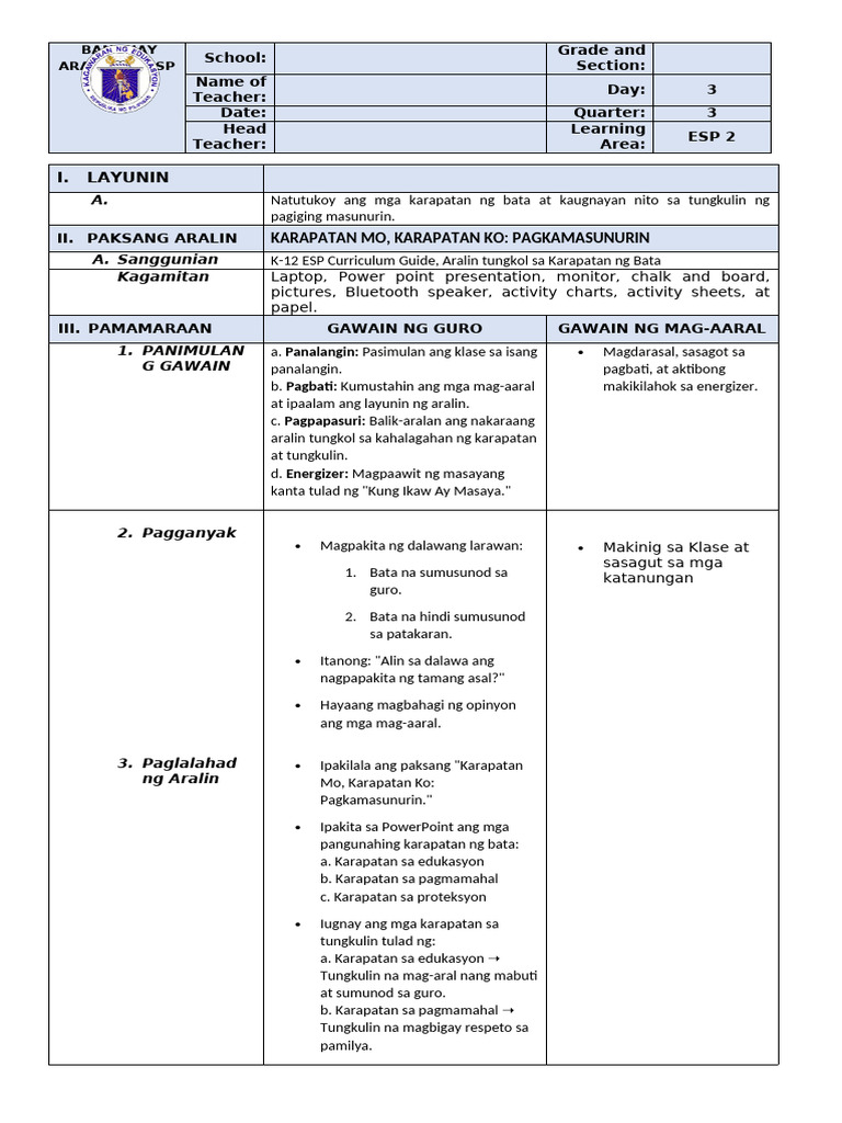 GRADE 2 ESP DLP WEEK 2 3RD QAURTER ESP | PDF