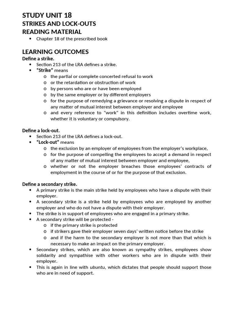 MRL3702 - Study Unit 18 - Strikes and Lock-Outs | PDF | Strike Action | Employment