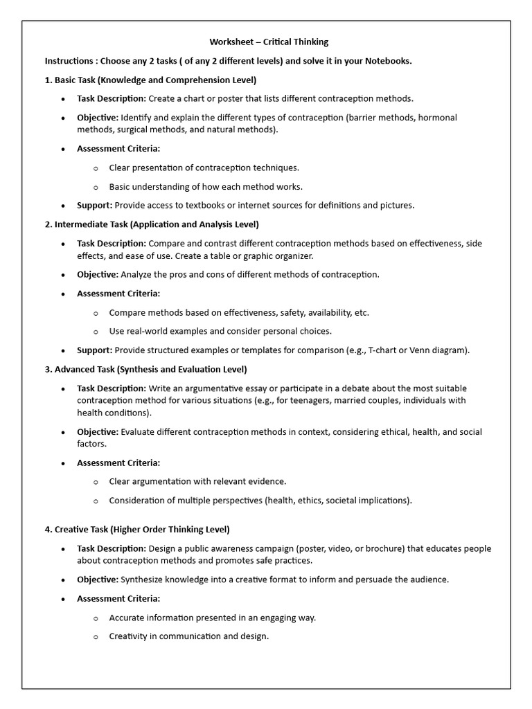 Differentiated Tasks On Sexual Reproduction | PDF | Birth Control | Critical Thinking