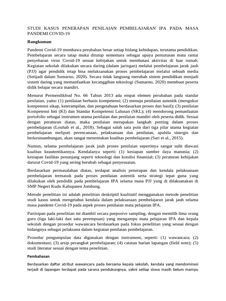 STUDI KASUS PENERAPAN PENILAIAN PEMBELAJARAN IPA PADA MASA PANDEMI COVID | PDF