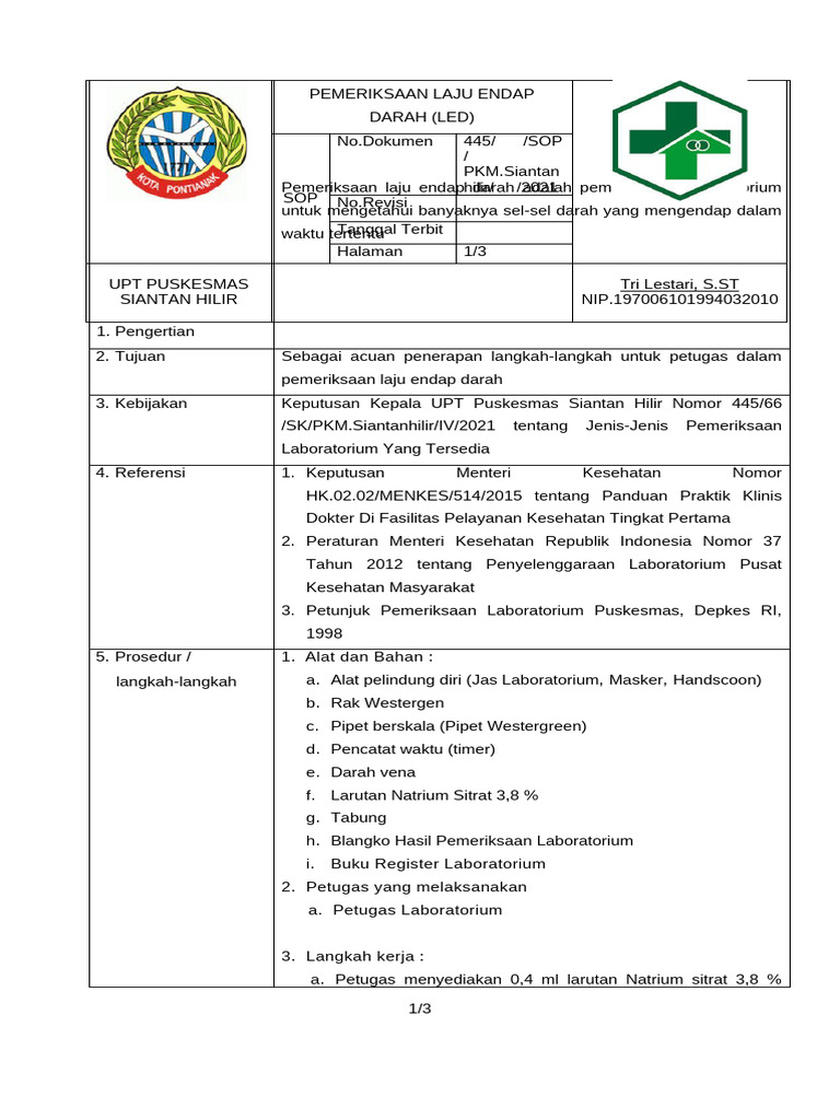 8.1.1.1 (03) SOP Pemeriksaan Laju Endap Darah (LED) | PDF