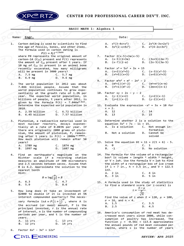 Basic Math 1 - Additional Practice Problems - Algebra Practice Problems without answers (1 ...