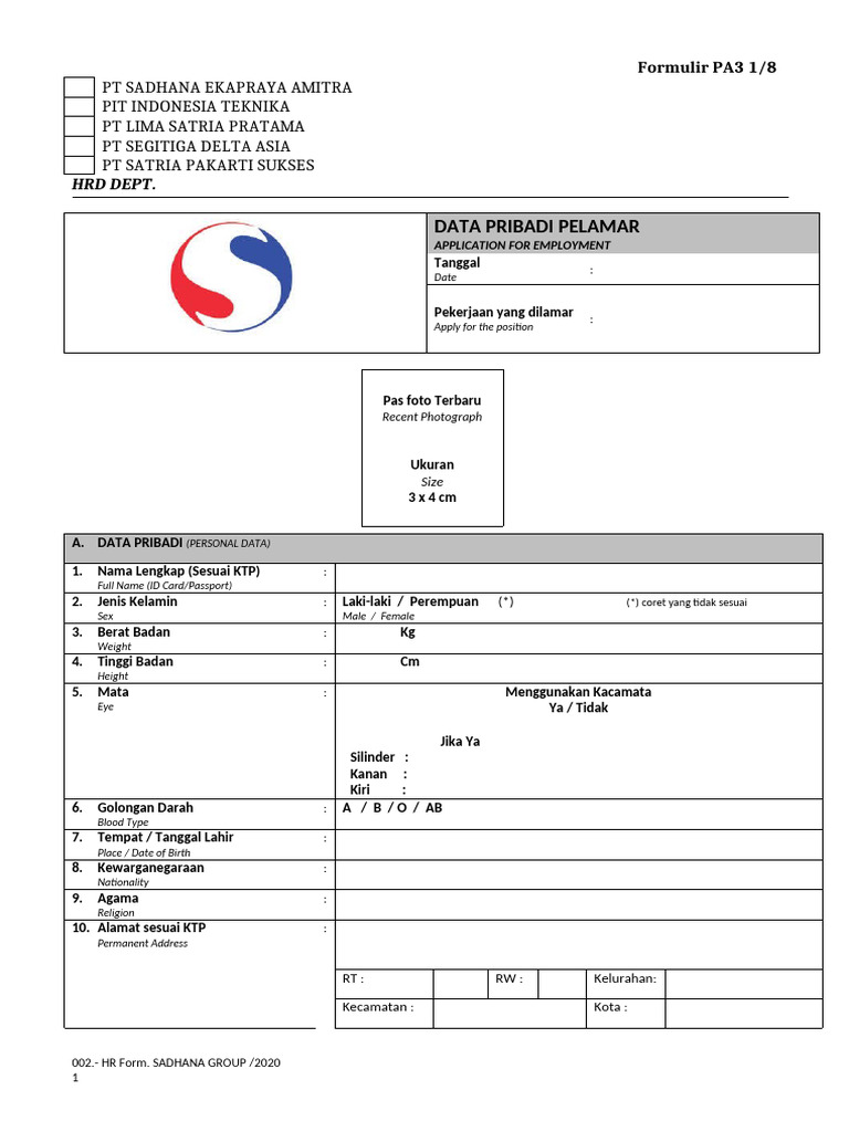 Form Data Pribadi Pelamar - Terbaru SEA | PDF