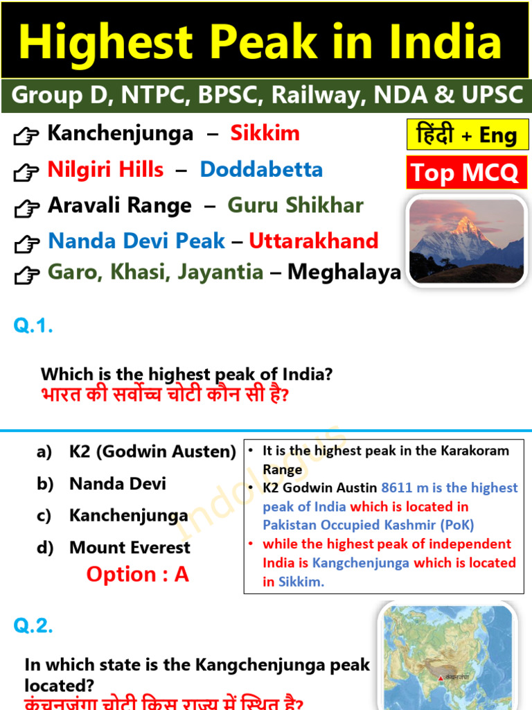 Highest Peaks in India (Top MCQ) | PDF | Himalayas | South Asia