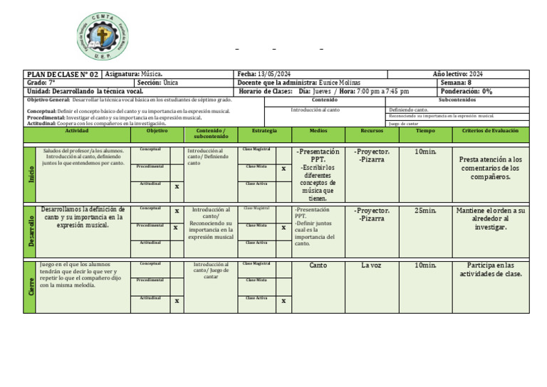 Plan de Clase: Técnica Vocal 7° Grado | PDF | Canto