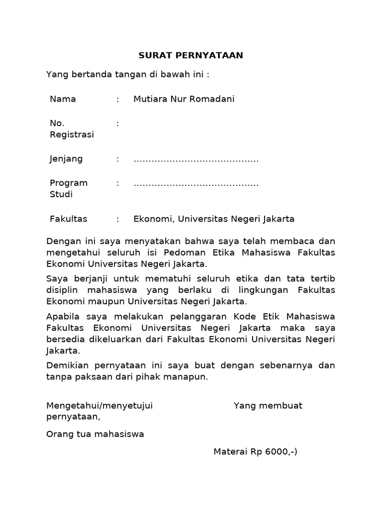 SURAT PERNYATAAN MUTIA | PDF