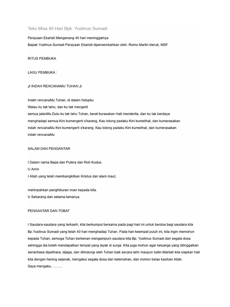 Teks Misa 40 Hari BPK Y Sumadi | PDF