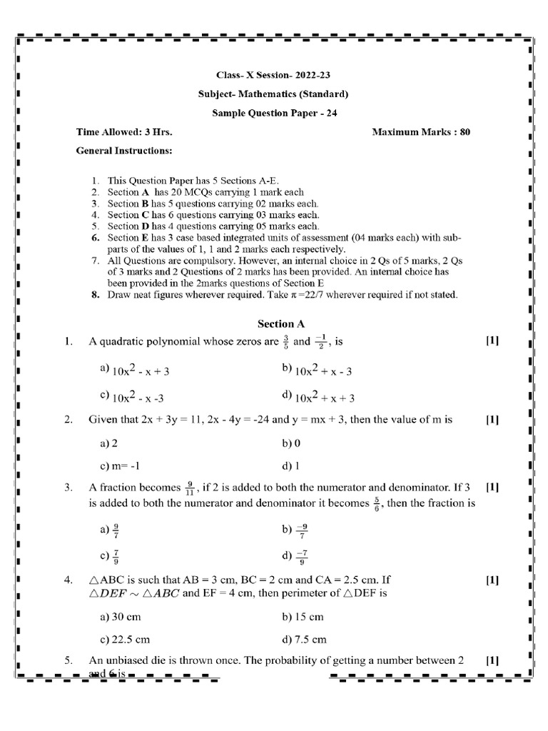 Cbse X Math Standard SQP 2023 Set 24 | PDF