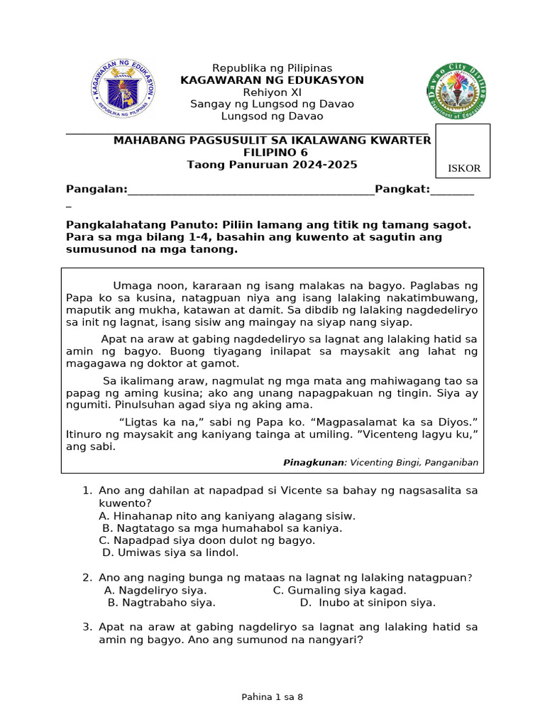 Q2 - Baitang 6 - Mahabang Pagsusulit Sa Filipino | PDF