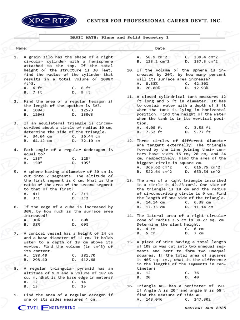 Basic Math 3 - Additional Practice Problems - Plane and Solid Geom 1 ...