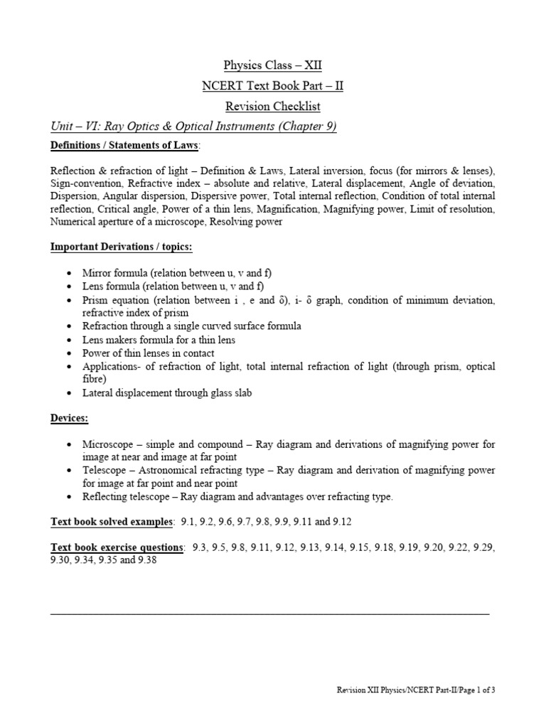 NCERT Class XII Physics Revision Guide | PDF | Diffraction | Optics