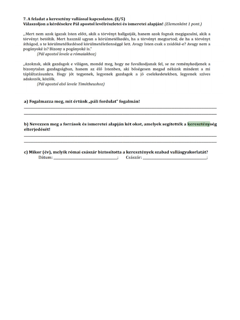 Kereszténység-Érettségi Feladat | PDF