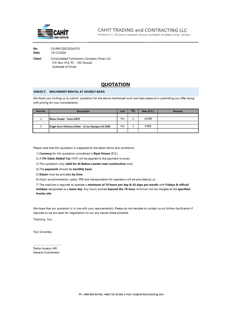 Machinery Rental Quotation for CTC | PDF