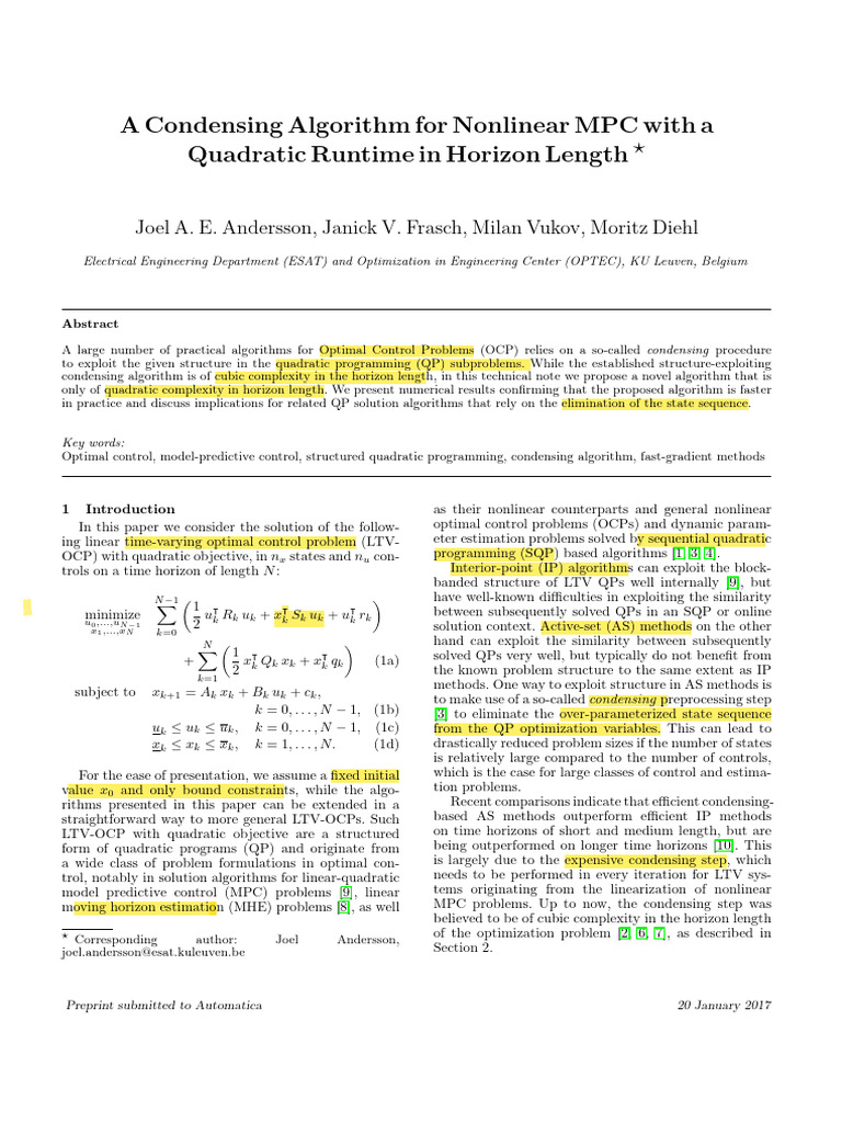 A Condensing Algorithm for NonlinearMPC with a Quadratic Runtime in Horizon Length | PDF ...