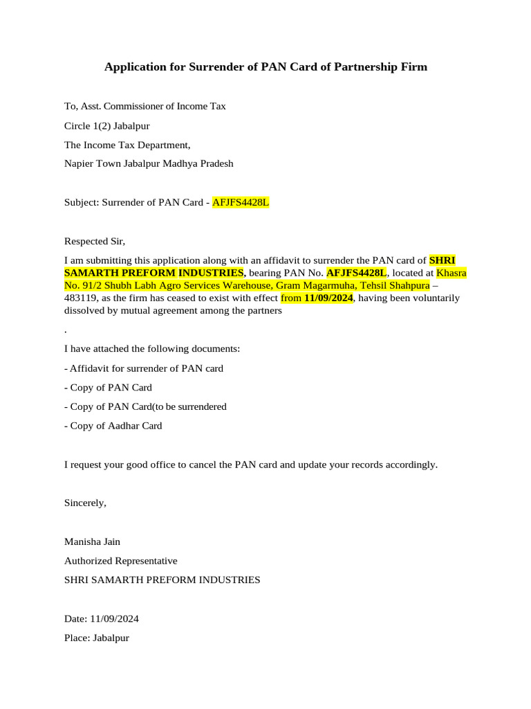 Application For Surrender of PAN Card of Partnership Firm | PDF