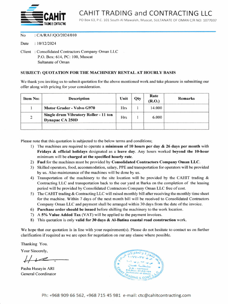 Quotation For Machine Hiring | PDF | Business | Government Finances
