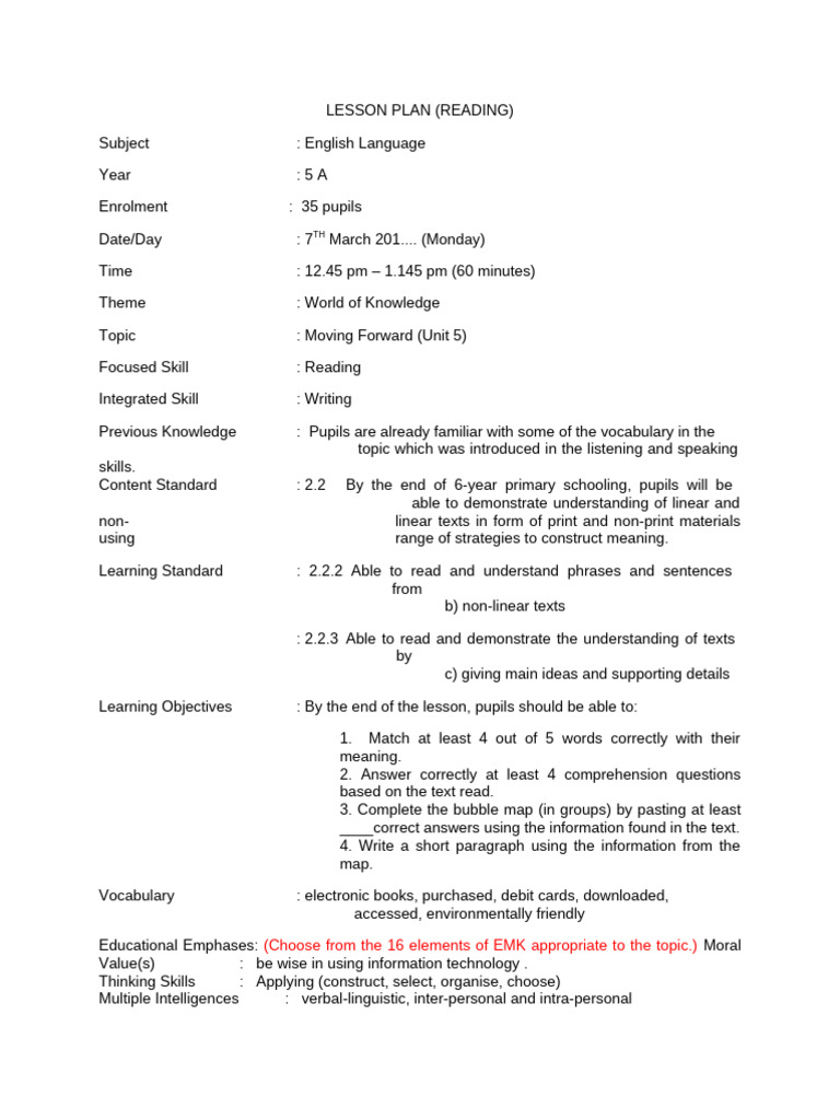 Lesson Plans For Reading and Writing Skills | PDF | Reading Comprehension | Behavior Modification