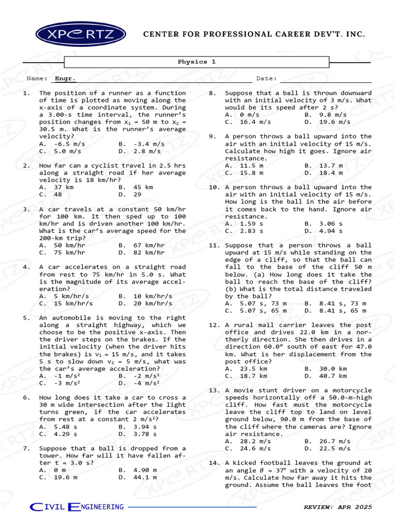 Physics 1 - Practice Problems | PDF | Acceleration | Force