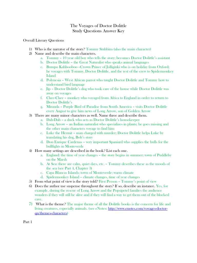 Doctor Dolittle Study Questions Answer Key | PDF | Nature