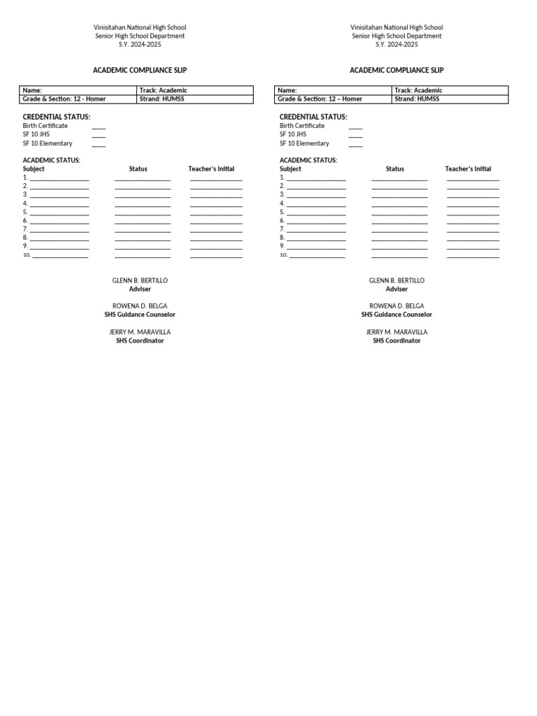 Academic Compliance Slip Form | PDF | Educational Institutions | School ...