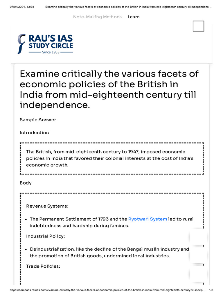 Examine Critically The Various Facets of Economic Policies of The British in India From Mid ...