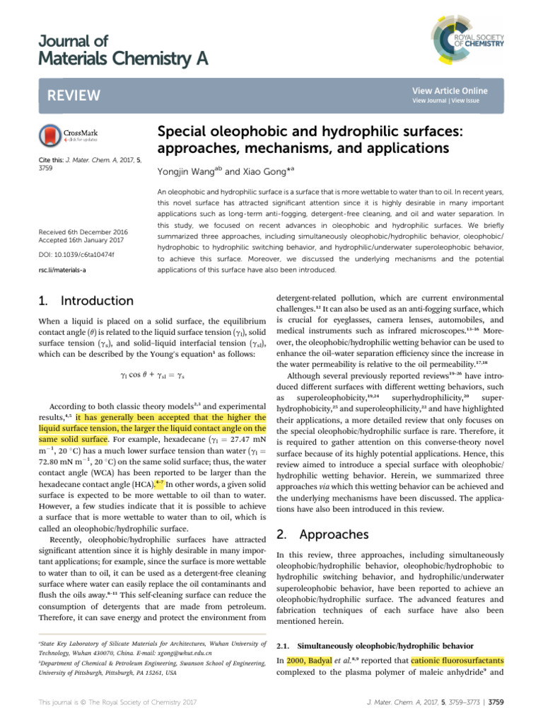 Oleophobic & Hydrophilic Surfaces Review | PDF | Wetting | Chemistry