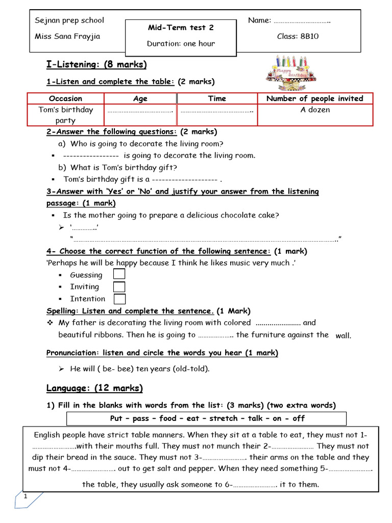 8th Form Mid-Term Test Preparation | PDF
