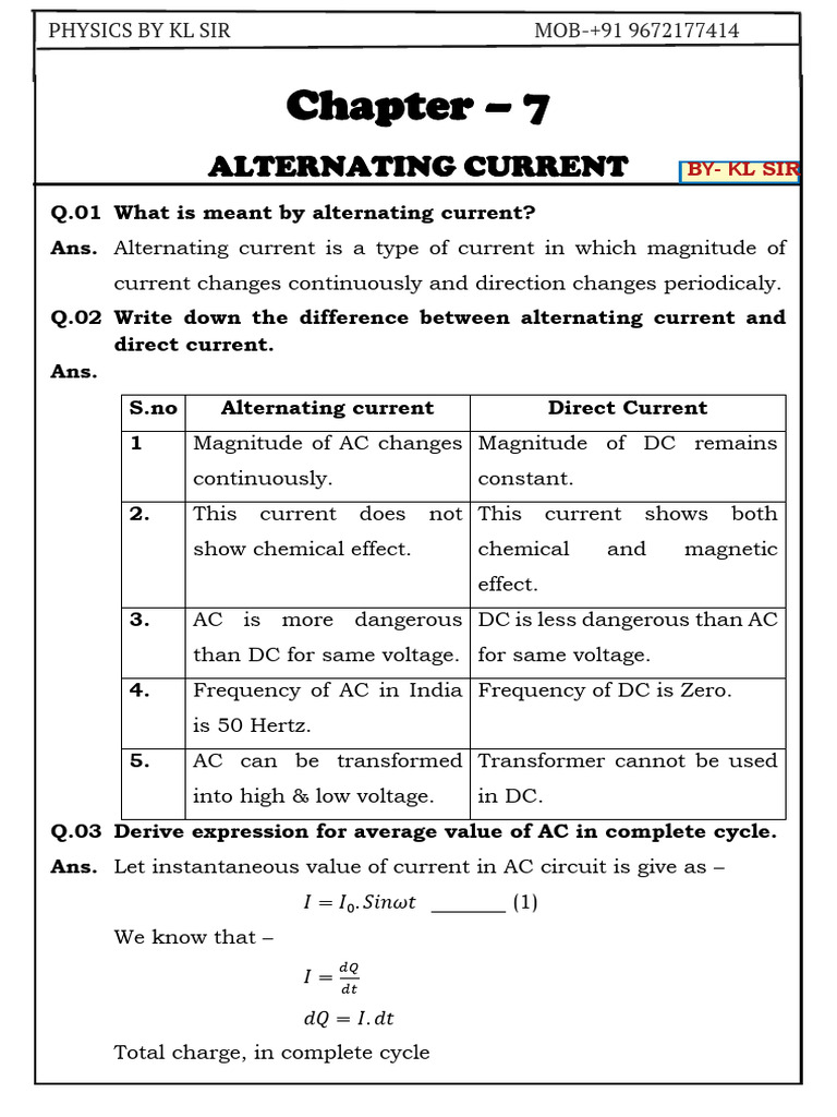 ch.7 Alternating Current Class 12th | PDF | Inductor | Transformer