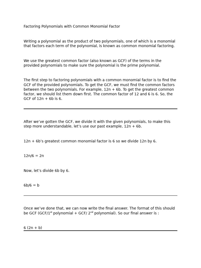 Factoring Polynomials With Common Monomial Factor | PDF