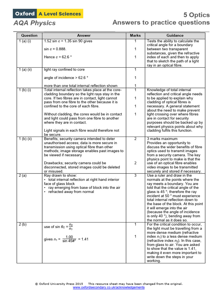 AQA as Physics 5 Practice Question Answers | PDF | Optics | Reflection ...