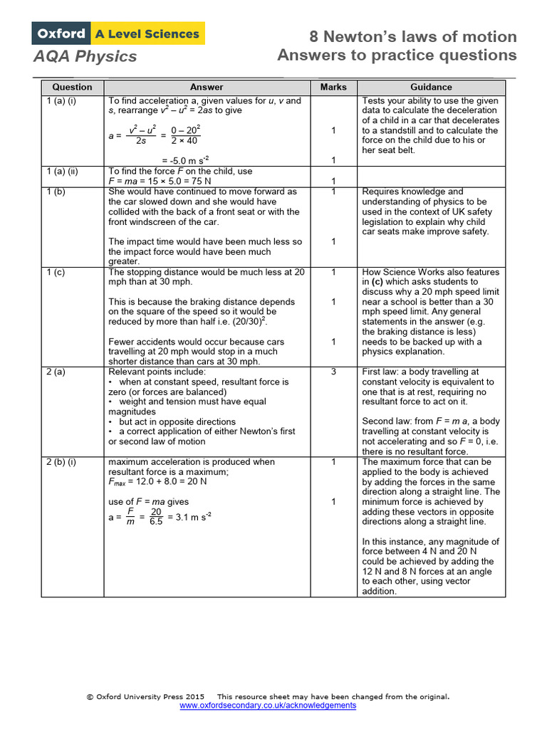 AQA AS Physics 8 Practice Question Answers | PDF | Force | Acceleration