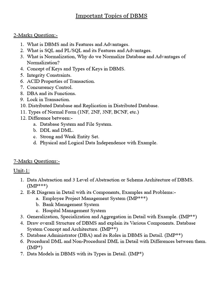 Key Topics and Questions in DBMS | PDF | Databases | Acid