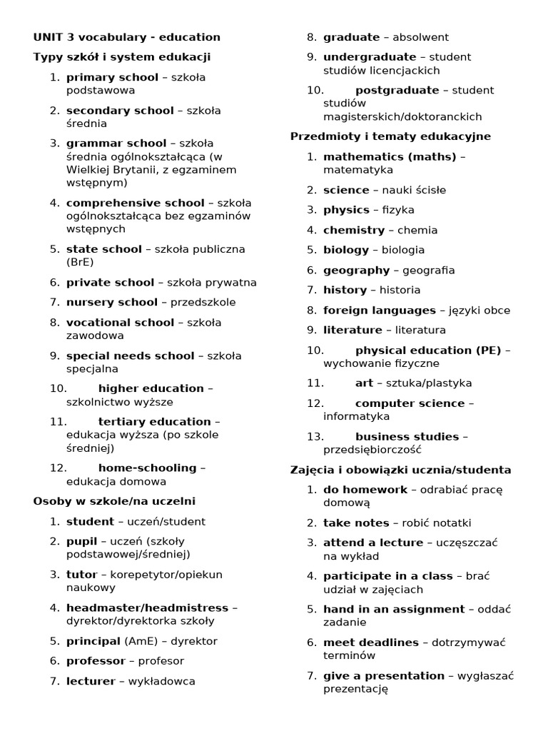 Matura Advanced Unit 3 - School Vocabulary | PDF | Schools | University