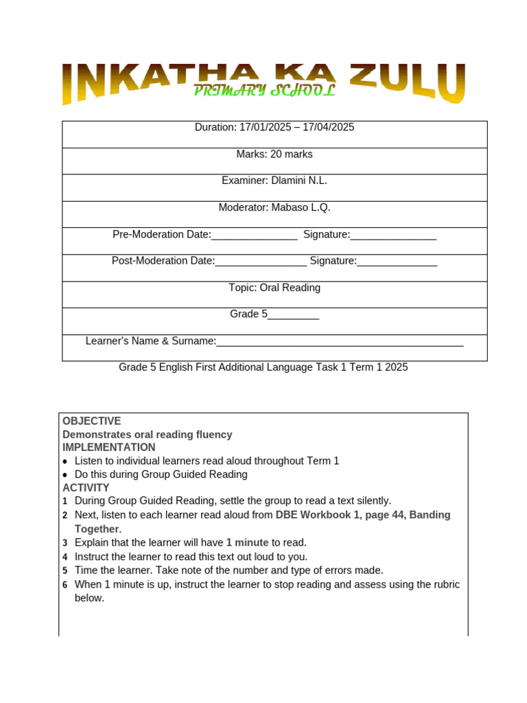 Term 1 Grade 5 English Task 1 Oral Reading | PDF | Cognitive Science ...