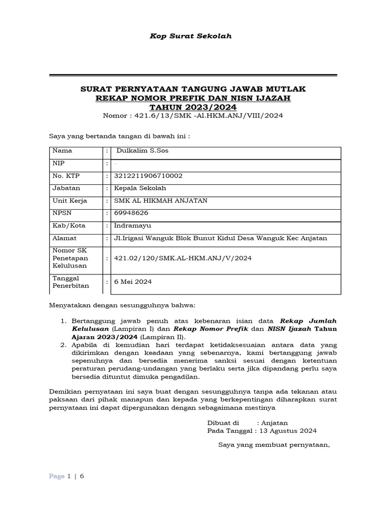 Draft SPTJM Rekap Prefik & Nisn Ijazah 2024 | PDF