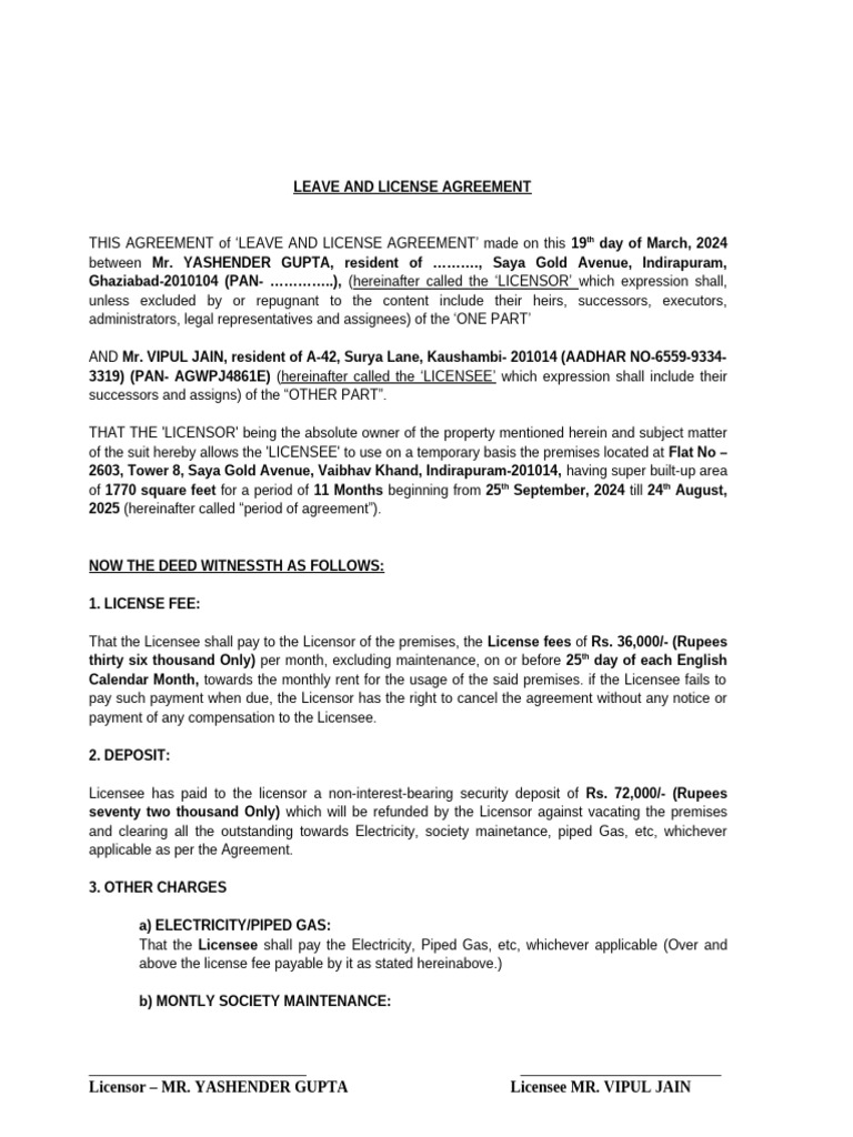 Draft Rent Agreement | PDF | License | Landlord