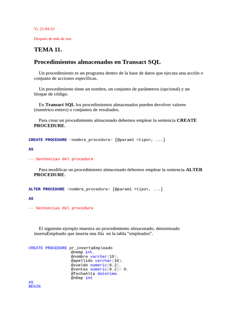 Ttema 11. Procedimientos Almacenados en Transact SQL | PDF | SQL | Gestión de datos