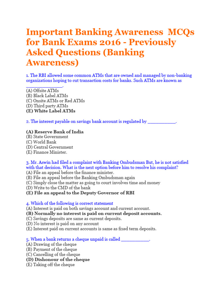 Banking Awareness MCQs for Exams 2016 | PDF | Banks | Cheque