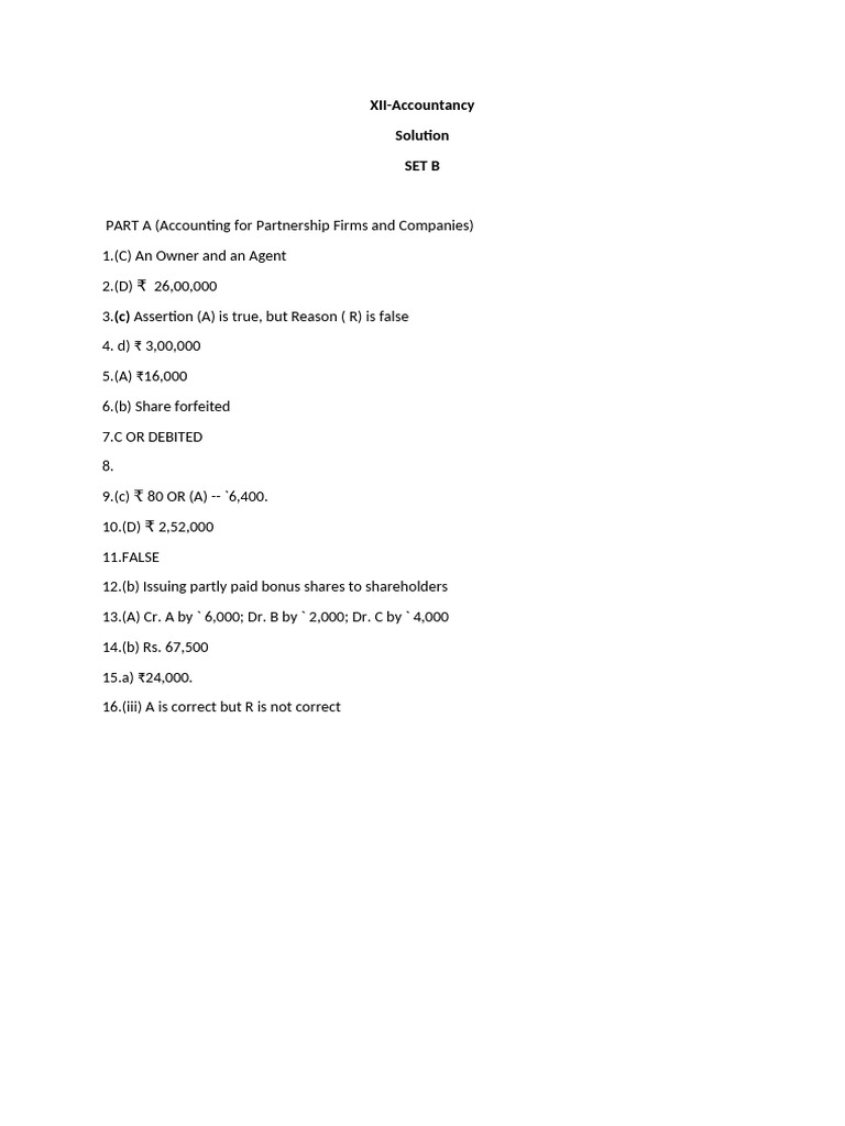 XII Accountancy (Set B) Solution (Pre Board 1) (VK) | PDF | Debits And Credits | Private Sector