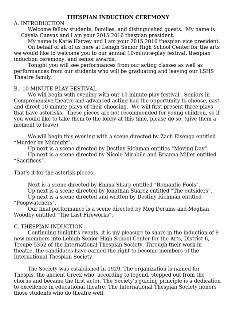 Thespian Induction Ceremony Script | PDF