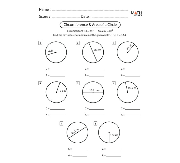 Circumference-and-Area-of-a-Circle-Worksheet - JPG 742×1,050 Pixels | PDF