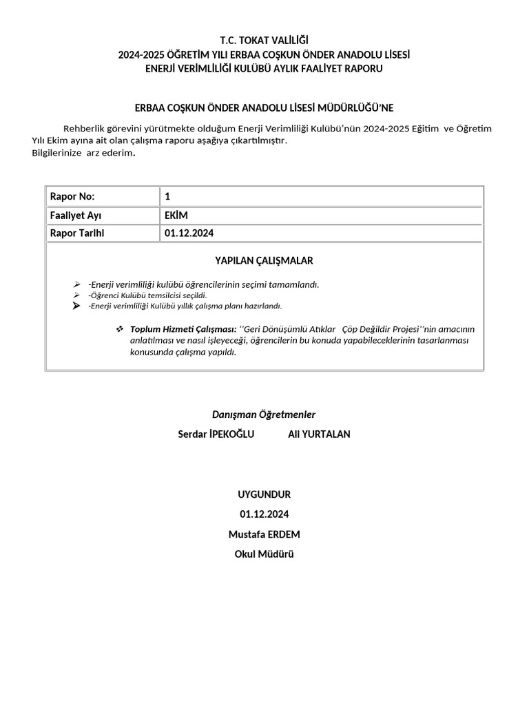 Enerji Verimliligi Kulubu Ekim Ayi Faaliyet Raporu 01 12 2024 8478447 | PDF